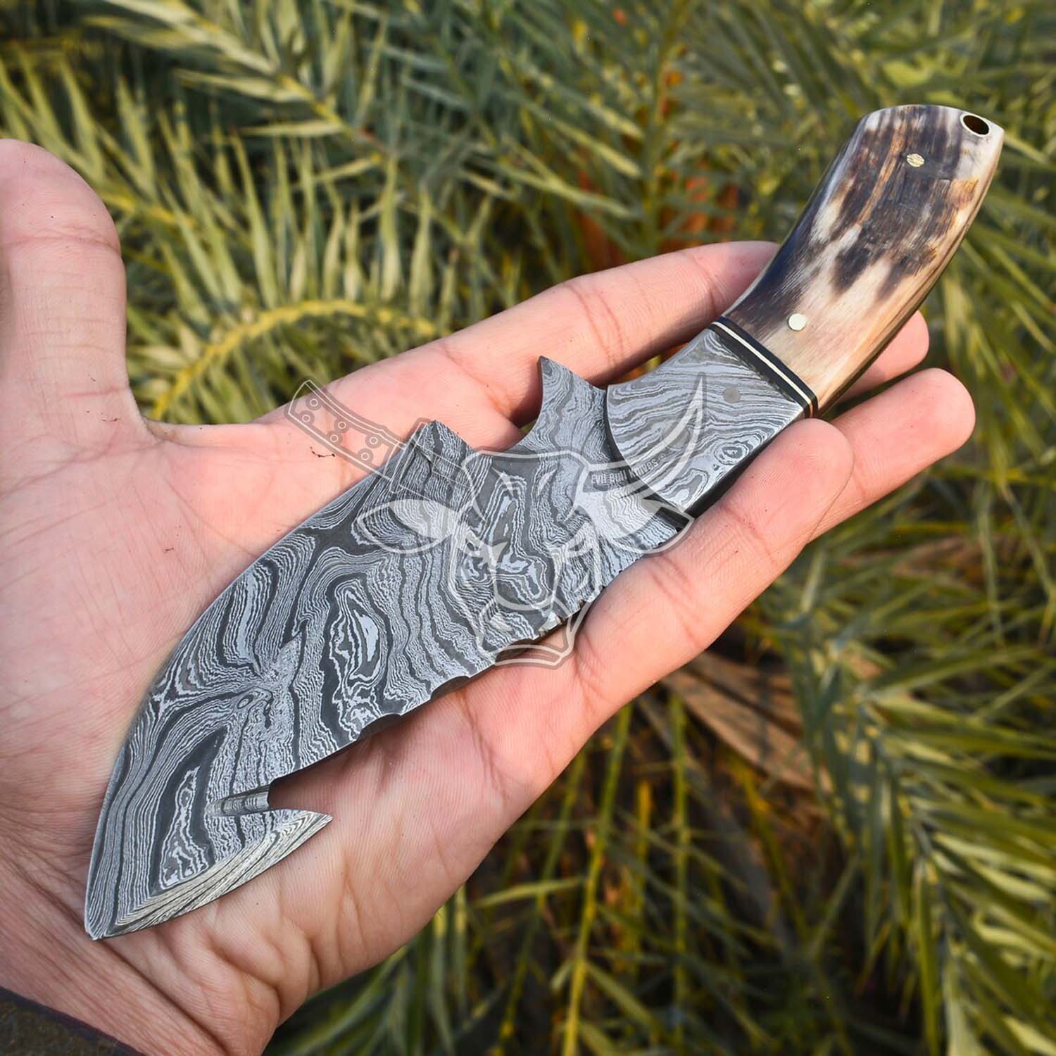EBK-69 Handmade Damascus Ram Horn knife with Sheath,Fixed Blade Guthoo ...