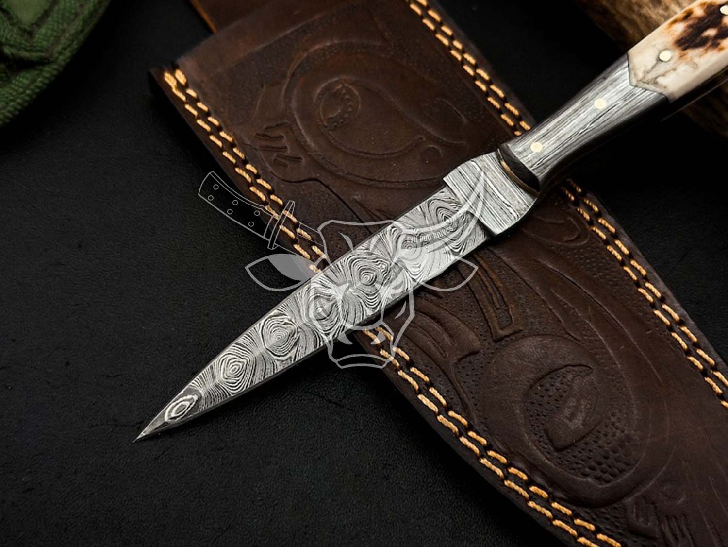 EBK-146 Handmade Damascus Dagger Knife Stag Horn Handle TWO Edge Anniv ...