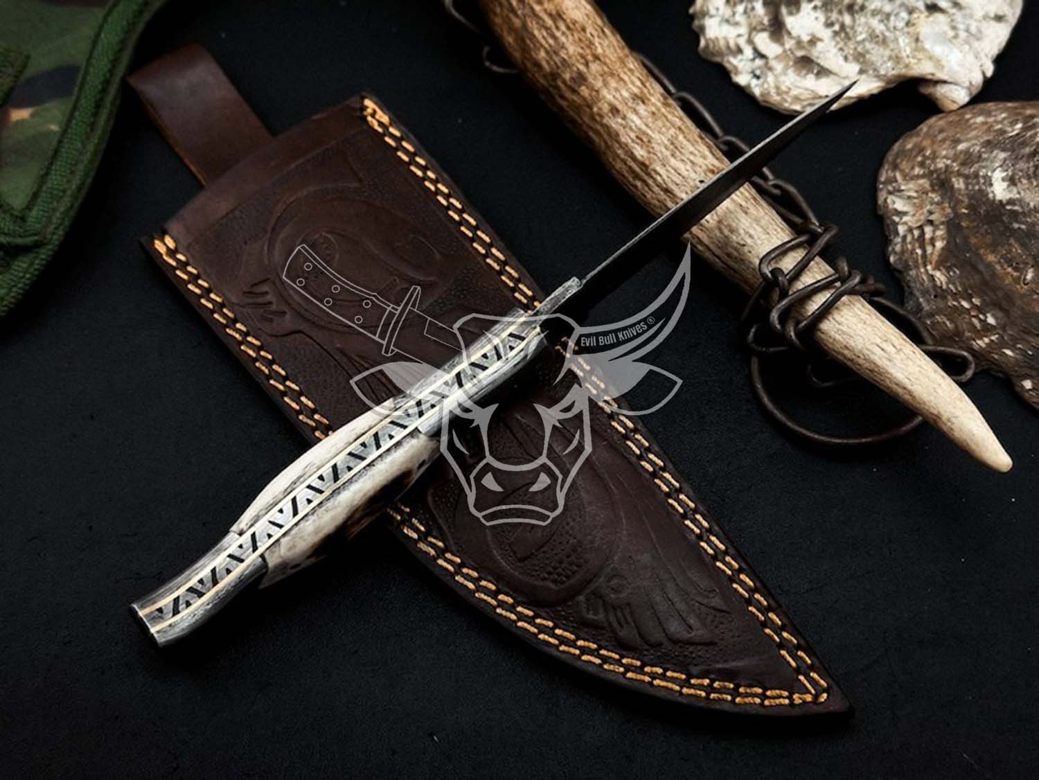 EBK-146 Handmade Damascus Dagger Knife Stag Horn Handle TWO Edge Anniv ...